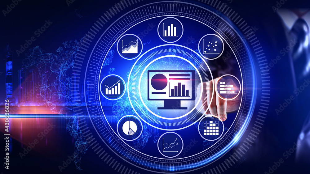 Data Analysis Chart Concept Rotating wheel with icon surrounded by city ...