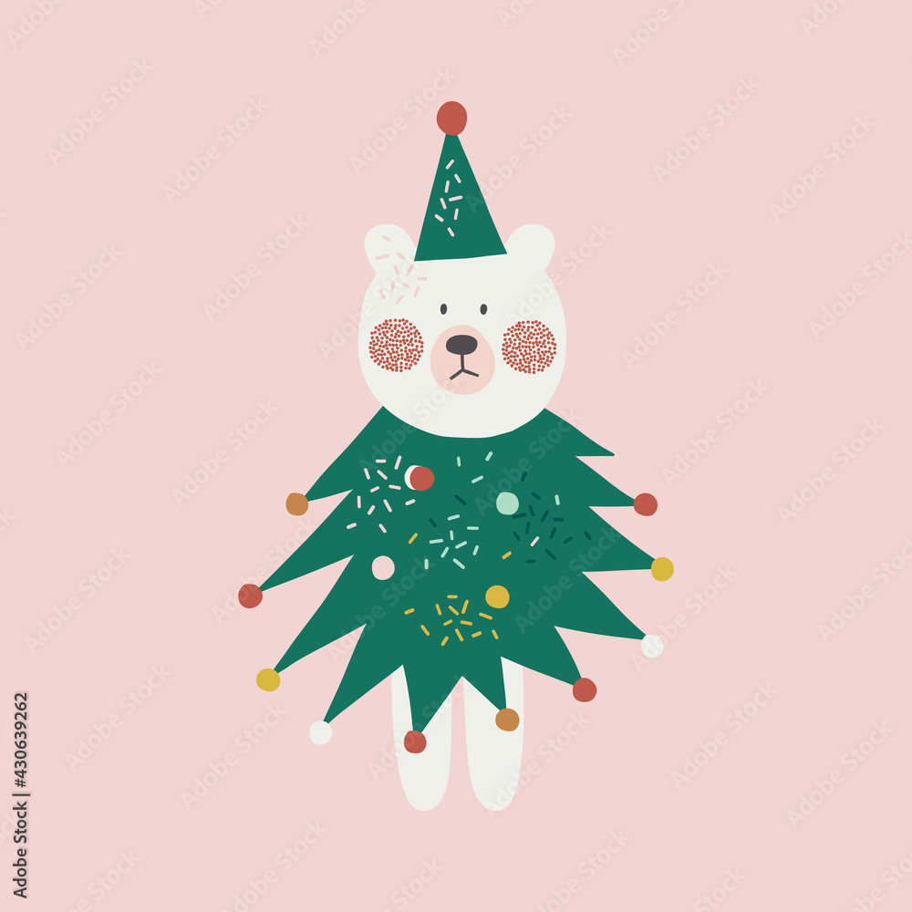 Cute Funny Polar Bear Dressed In Christmas Tree Costume Vector