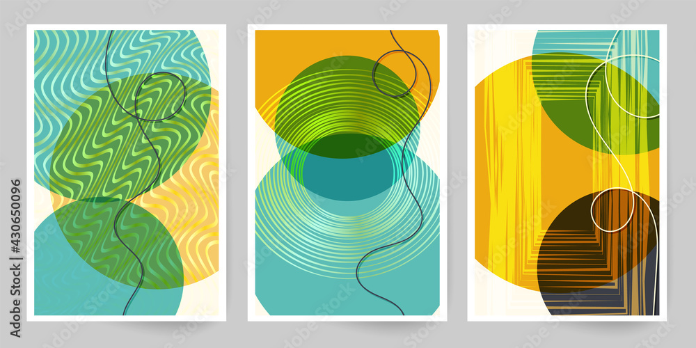 60s art canvas. Set of geometric shapes and lines. Imitation watercolor ...