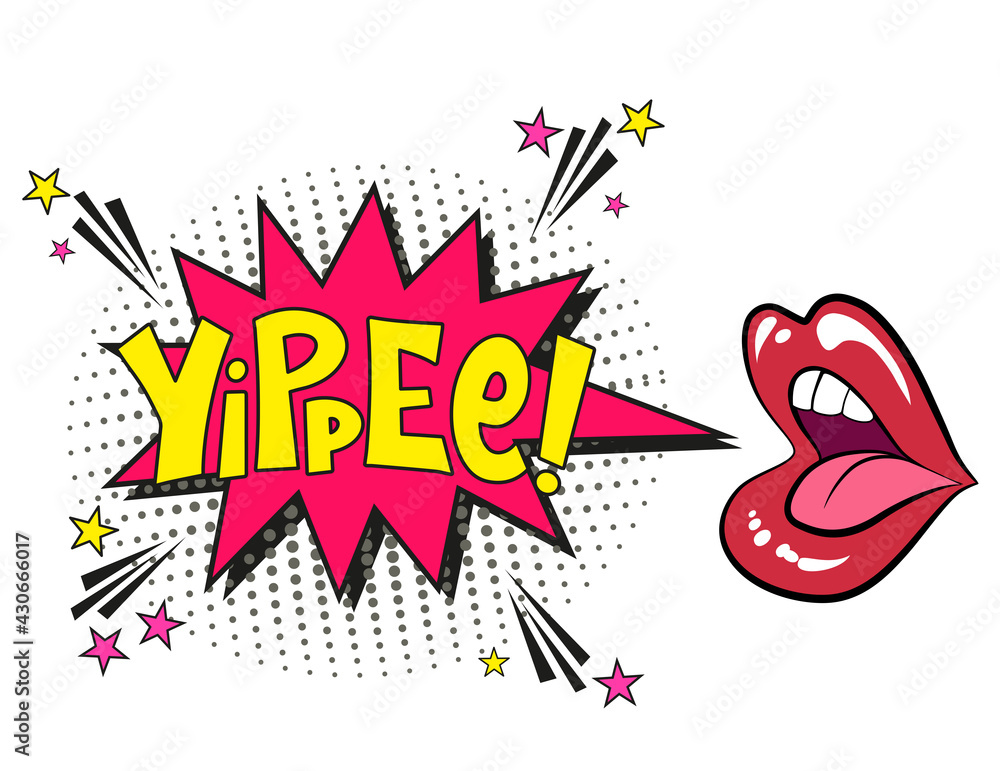 Comic lettering yippee with red lips and an open mouth. Vector bright ...