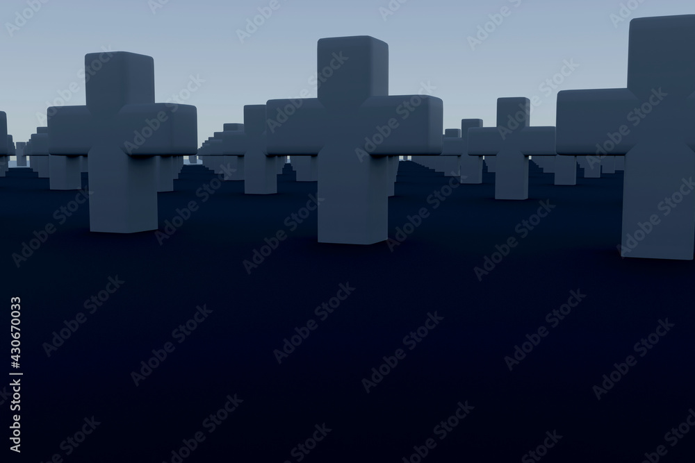 Cemetery border between heaven and earth with grave crosses. The ...