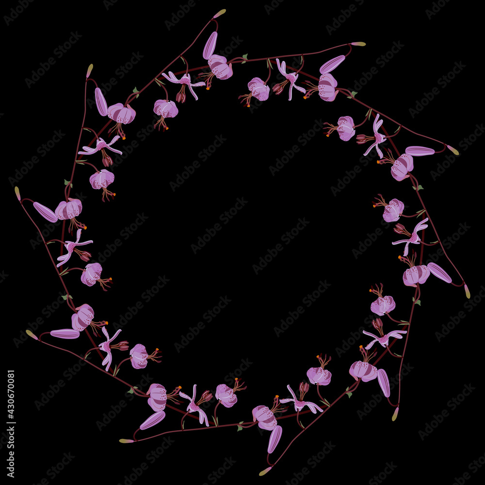 Round floral frame. Wreath of Lilium Martagon flower branches. (Lílium ...