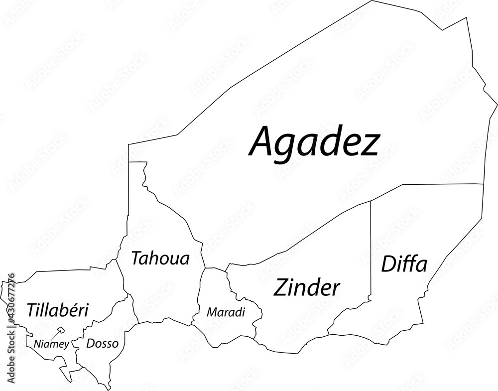 White blank vector map of the Republic of Niger with black borders and ...