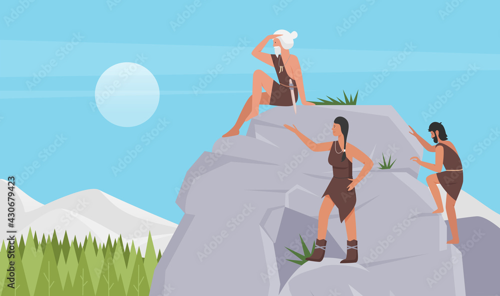 Prehistory tribe of stone age people vector illustration. Cartoon ...