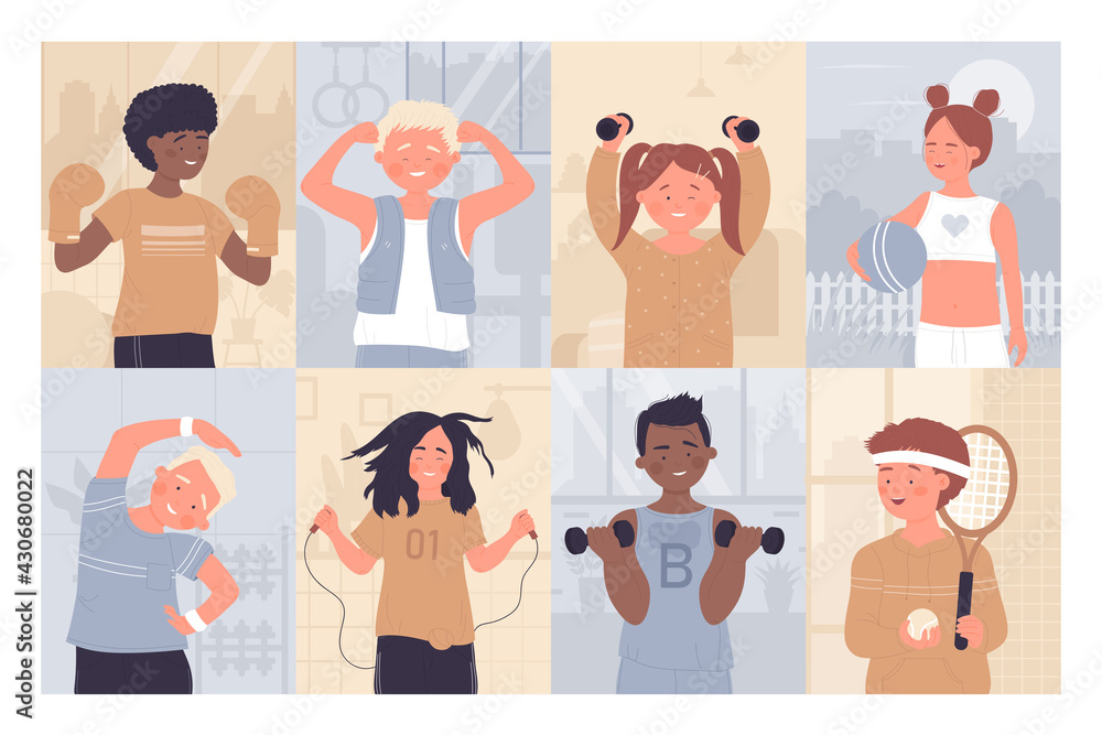 Happy kids do sport exercises vector illustration set. Cartoon children ...