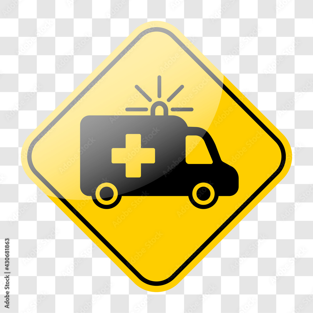 Ambulance yellow road sign on transparent background. Emergency medical ...