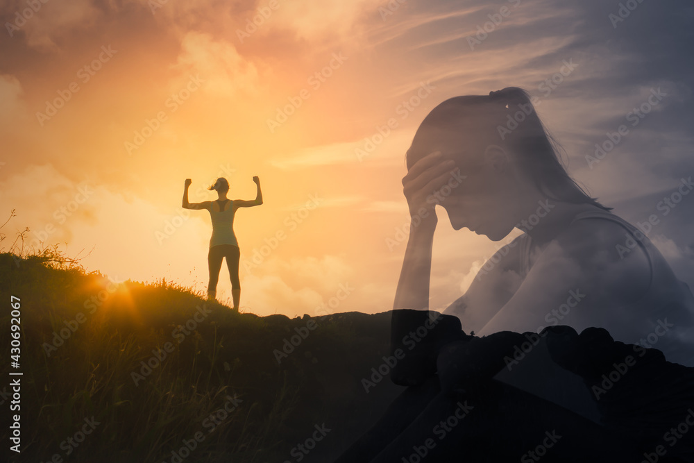 Young woman overcoming fears becoming strong and happy. Mental physical ...