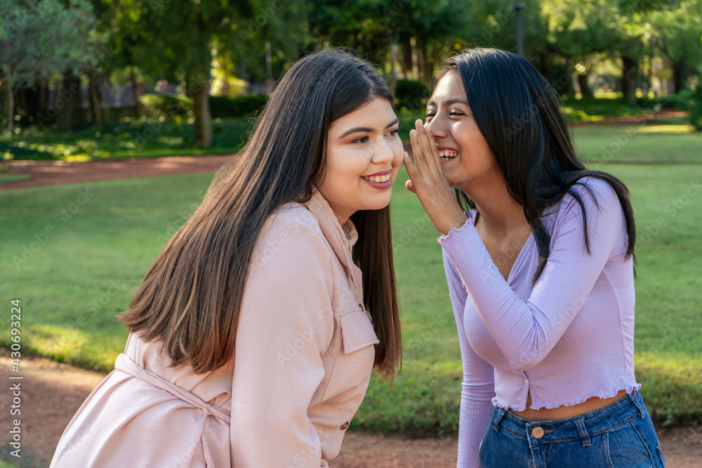 Couple of curvy or plus size and slim friends telling each other a ...