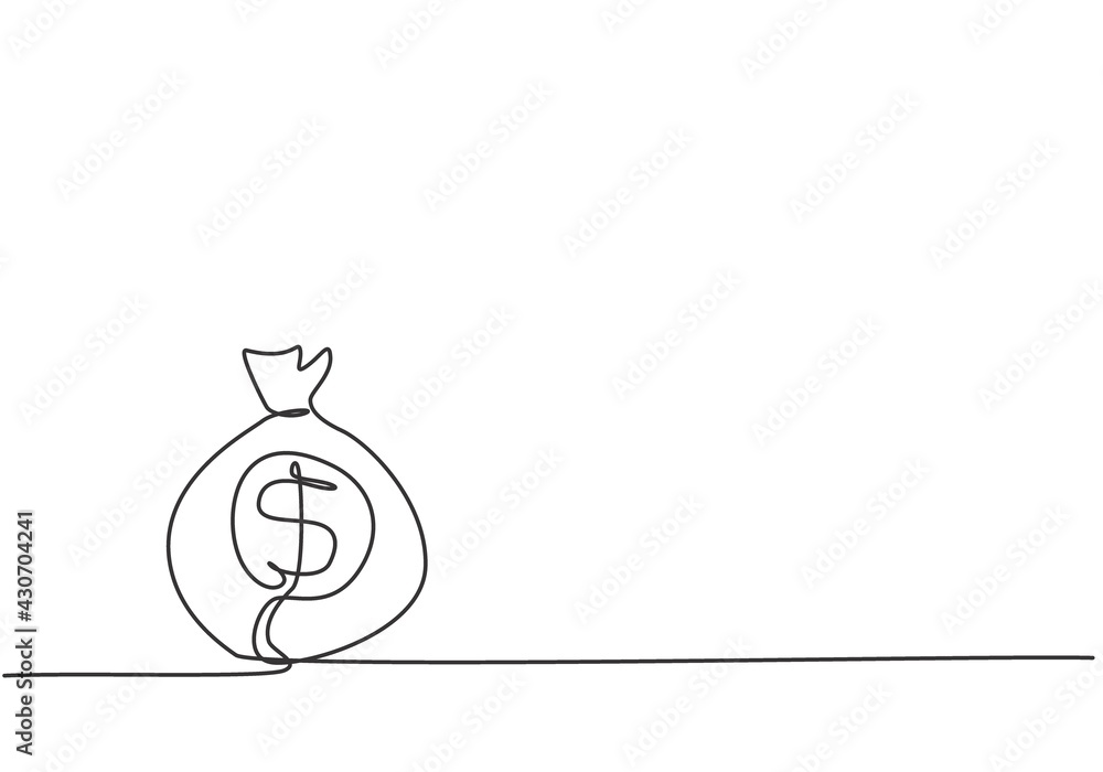 Single one line drawing of money bag on the floor with penny and paper ...