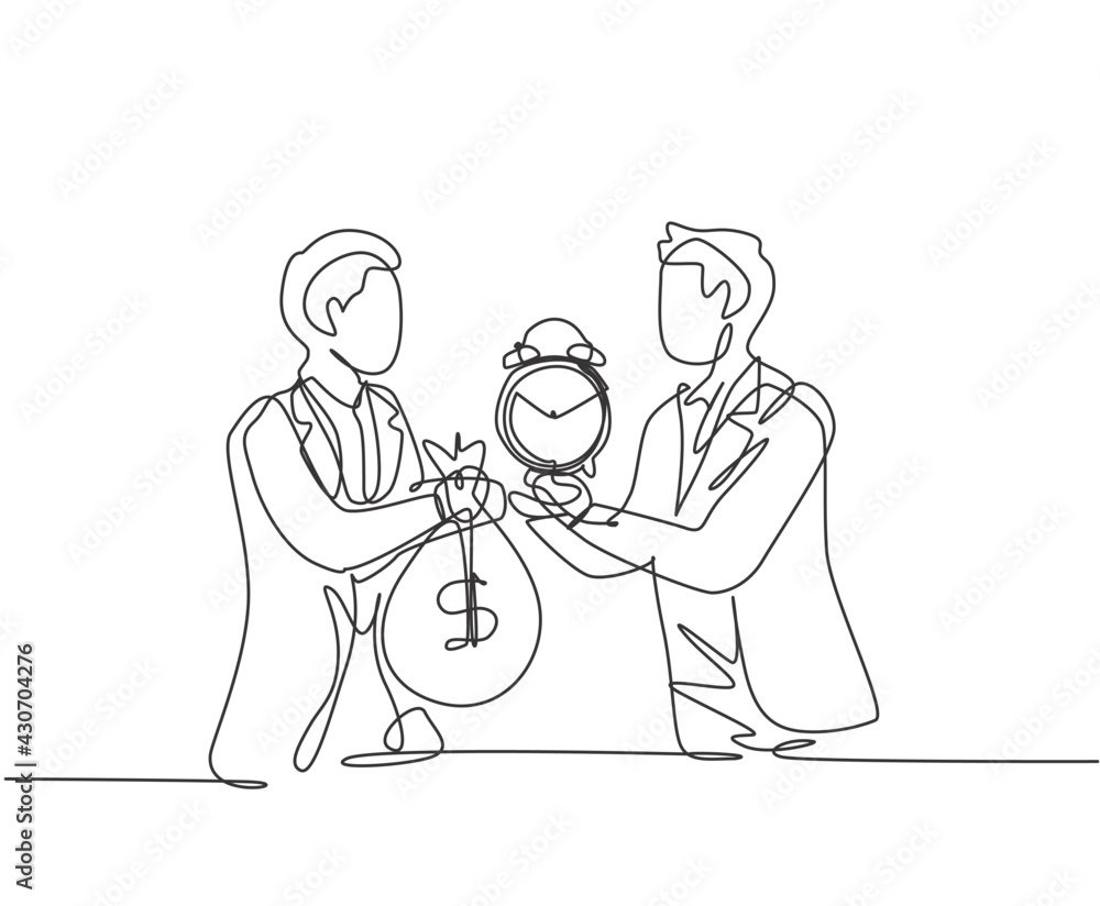 Continuous one line drawing of two young male workers exchange money ...