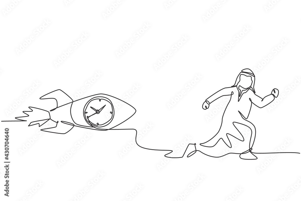 Continuous one line drawing young Arab male worker chased by flying ...