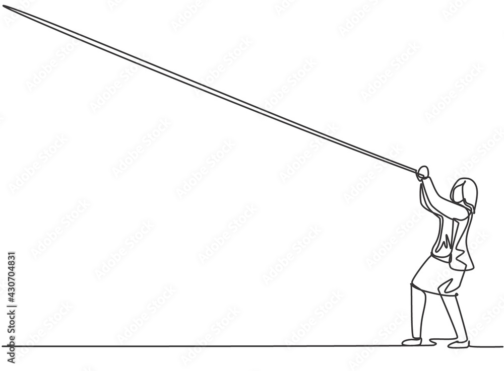 Single one line drawing of young business woman hanging on the rope to ...