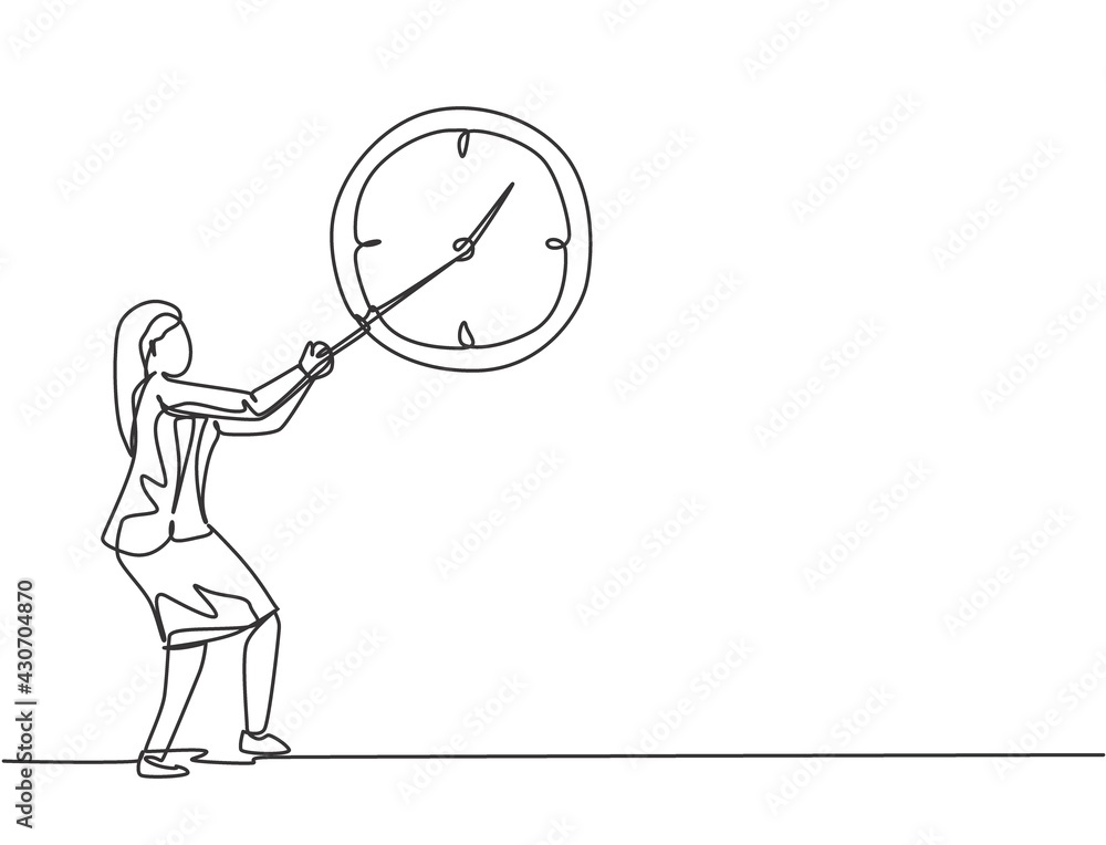 Continuous one line drawing young woman worker pulling clockwise of big ...