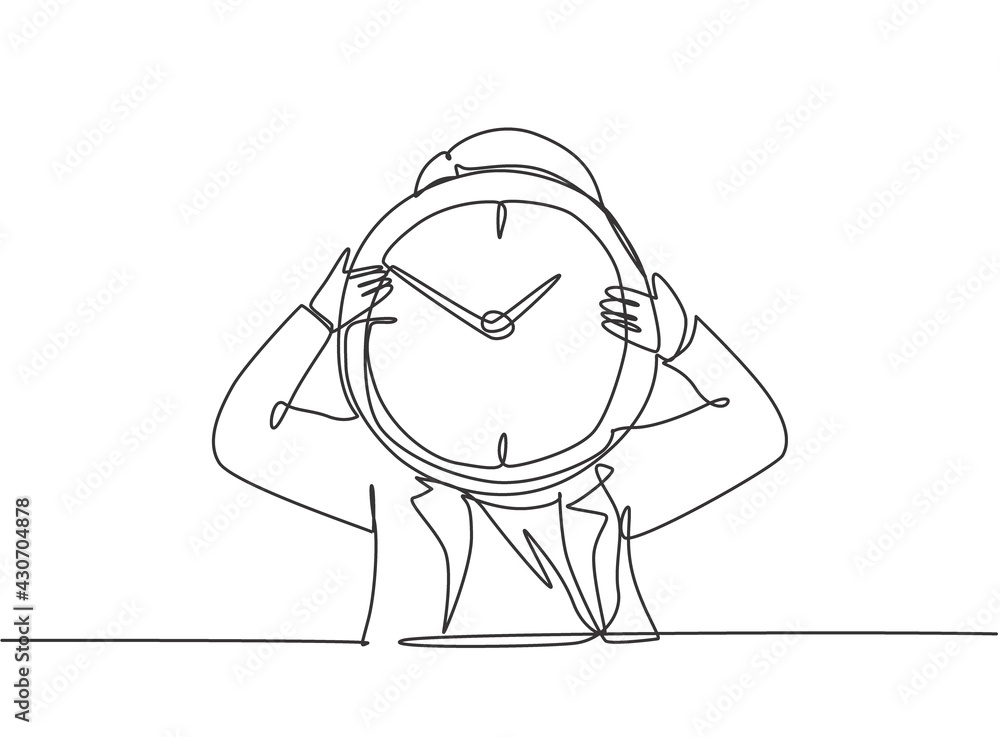 Continuous one line drawing young woman worker holding analog clock ...
