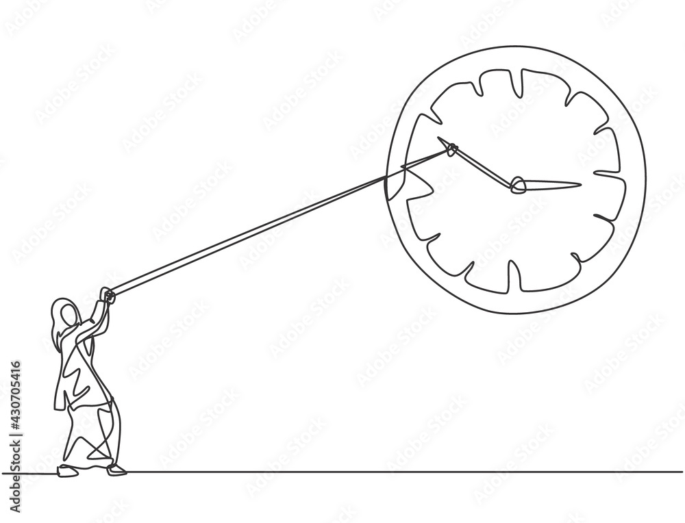 Single continuous line drawing young Arab business woman pulling ...