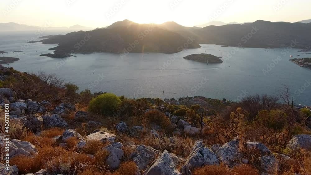 Archipelago at sea bay and islands covered with scrub bushes.Promontory ...