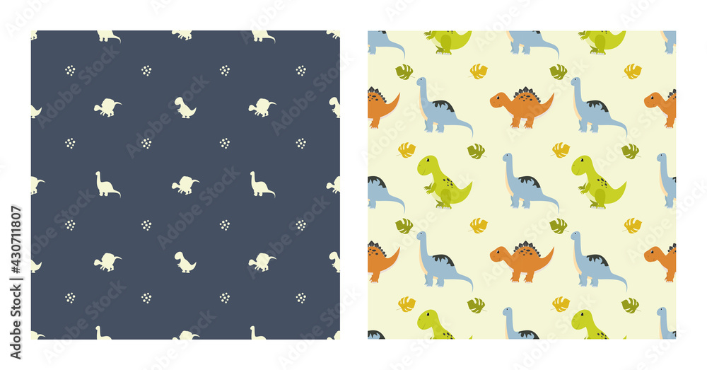 Cute Cartoon Dinosaurs Seamless Pattern as Spinosaurus, Parasaurolophus ...
