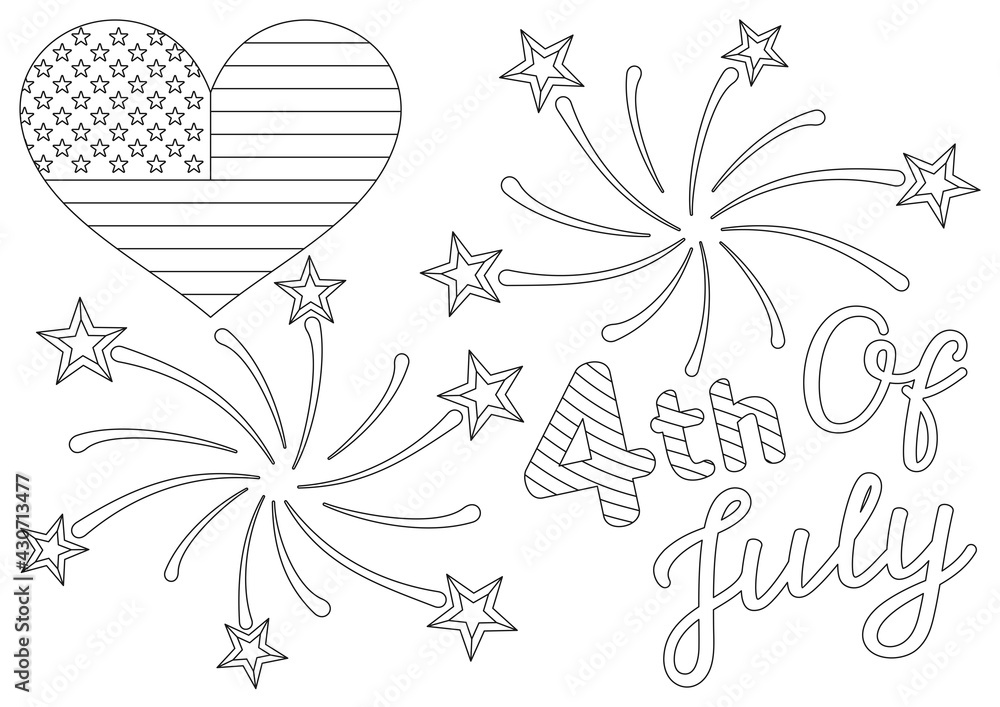 Coloring page with festive quote, US flag in heart shape, firework and ...
