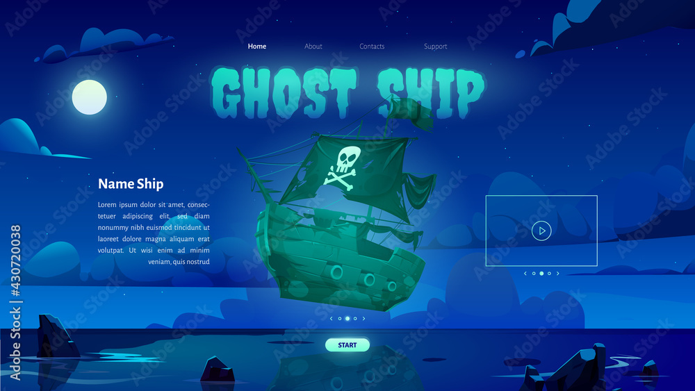 Ghost ship banner with sea landscape with ghostly sailboat at night ...