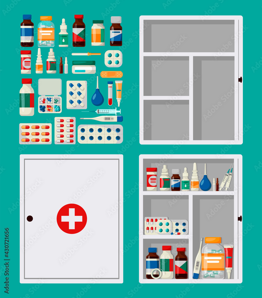Cabinet first aid kit with open and closed door. Empty and full medical ...