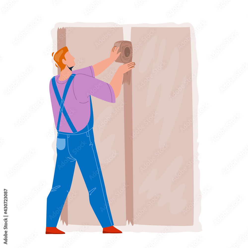 Drywall Installer Making Wall Renovation Vector. Builder Working And ...
