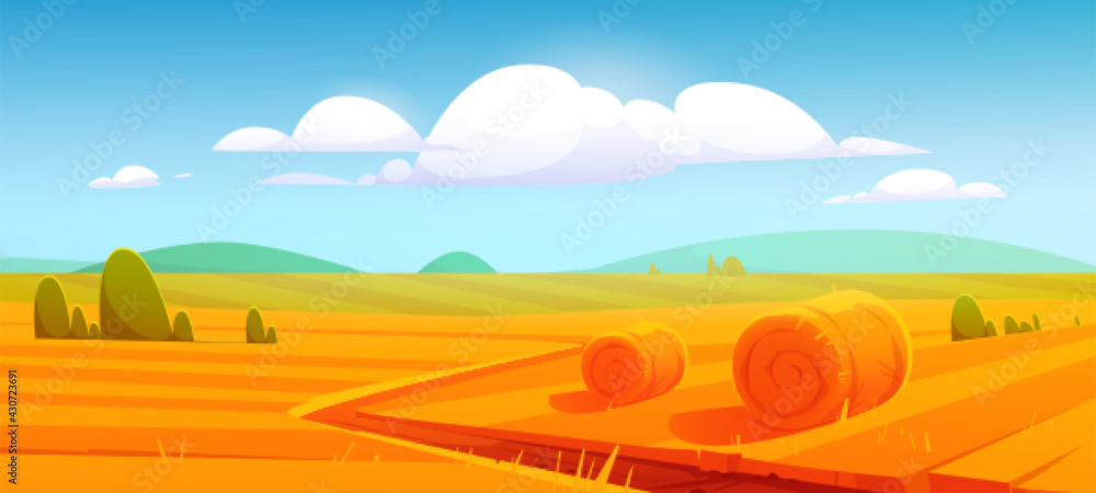 Rural landscape with hay bales on agriculture farm field. Vector ...