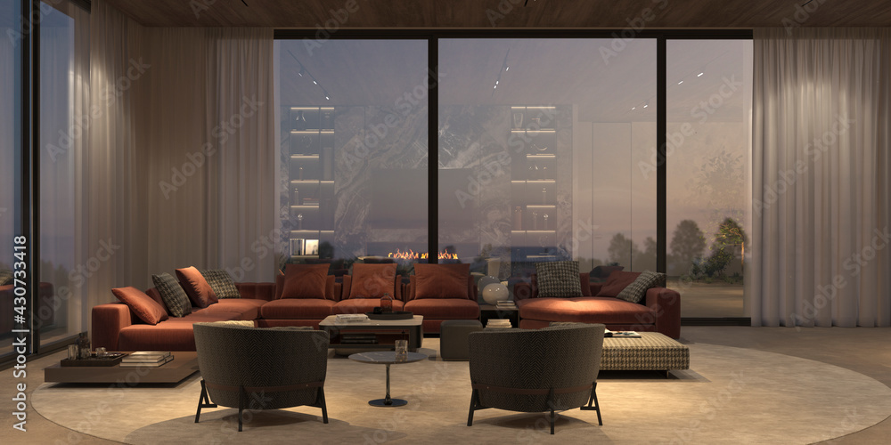 Modern luxury interior with panoramic windows and nature view, stone ...