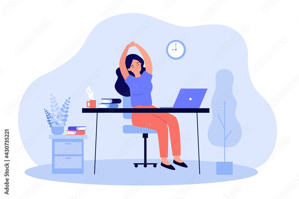 Happy young woman relaxing at workplace in office. Female employee ...