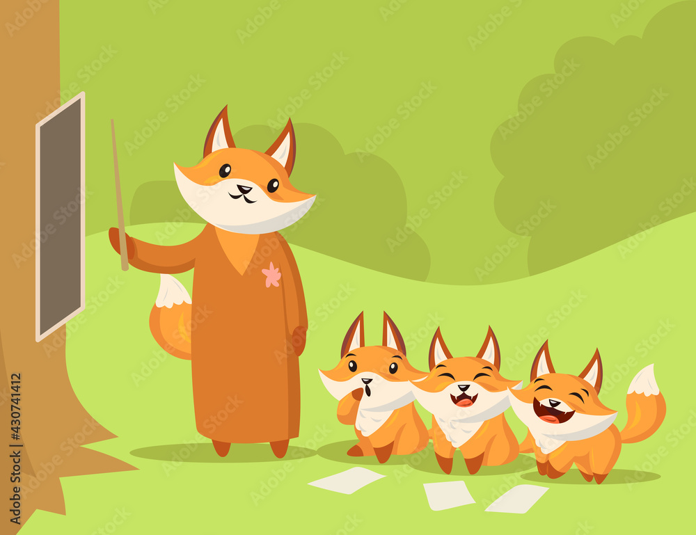 Cartoon fox teacher giving lesson to little foxes. Flat vector ...