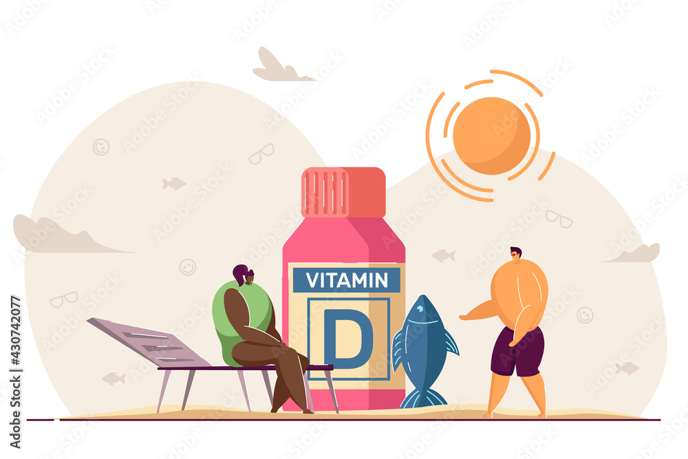 Tiny people with sources of vitamin D. Cartoon characters taking ...