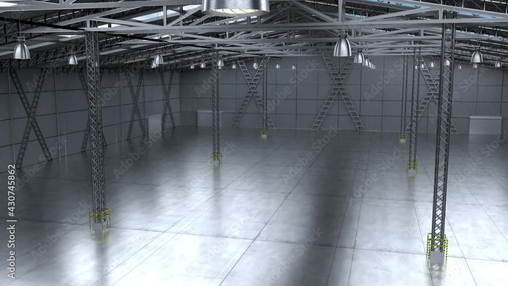 Empty warehouse with roof windows and several pillars - 3D 4k animation ...
