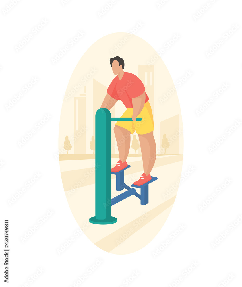 Outdoor fitness equipment flat illustration. Male cartoon character ...