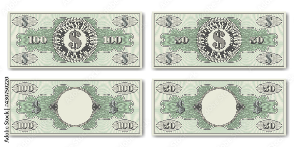A set of fictional US paper money. Obverse and reverse of 50 and 100 ...
