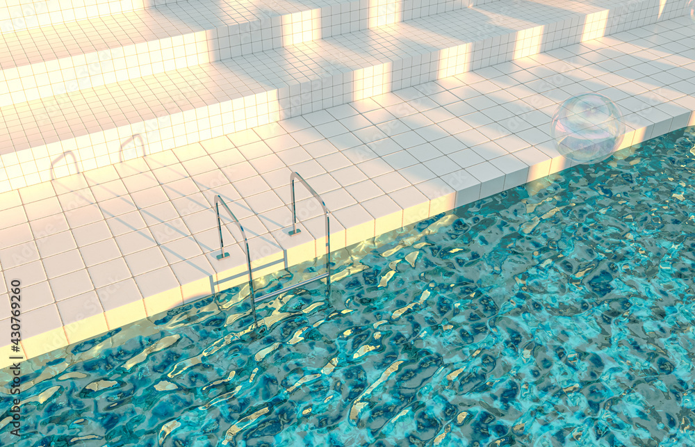 Summer pool scene background with white tiles stairs. 3d rendering ...