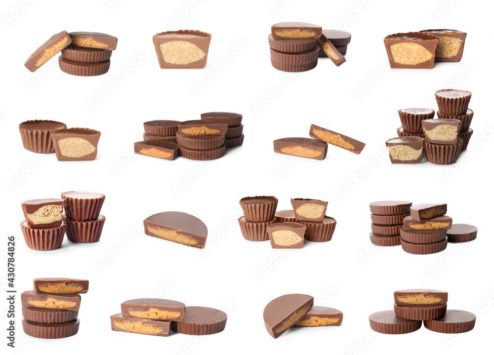 Set with delicious peanut butter cups on white background Stock Photo ...
