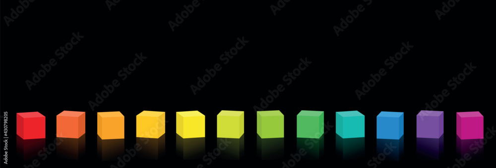 Colorful cubes. Set of 12 colorful cubes in a rainbow colored row ...