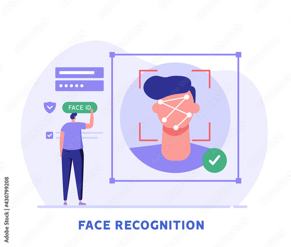 Man standing with a phone, identifies a face. Concept of facial ...