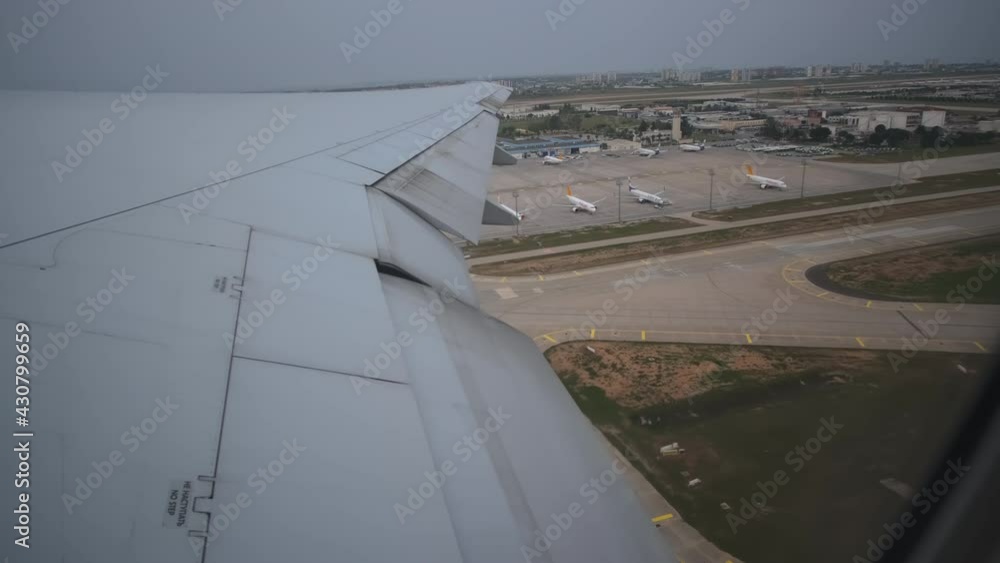 Airport. Wing airplane takeoff cover by airplane window frame, Plane ...