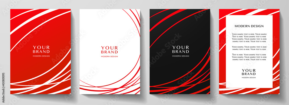 Modern red cover, frame design set. Abstract radial line pattern ...