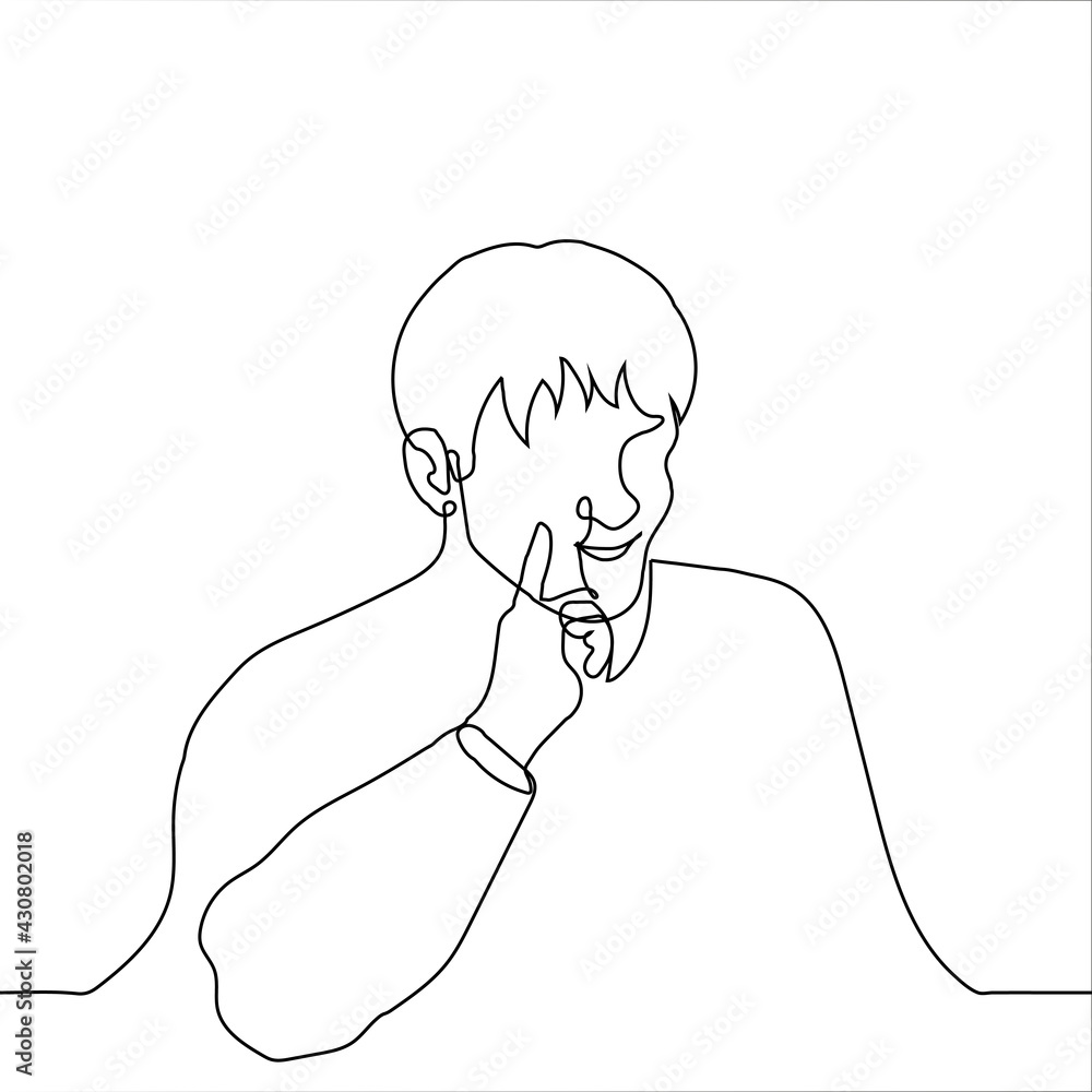 young man pokes his forefinger on his cheek and smiles - one line ...
