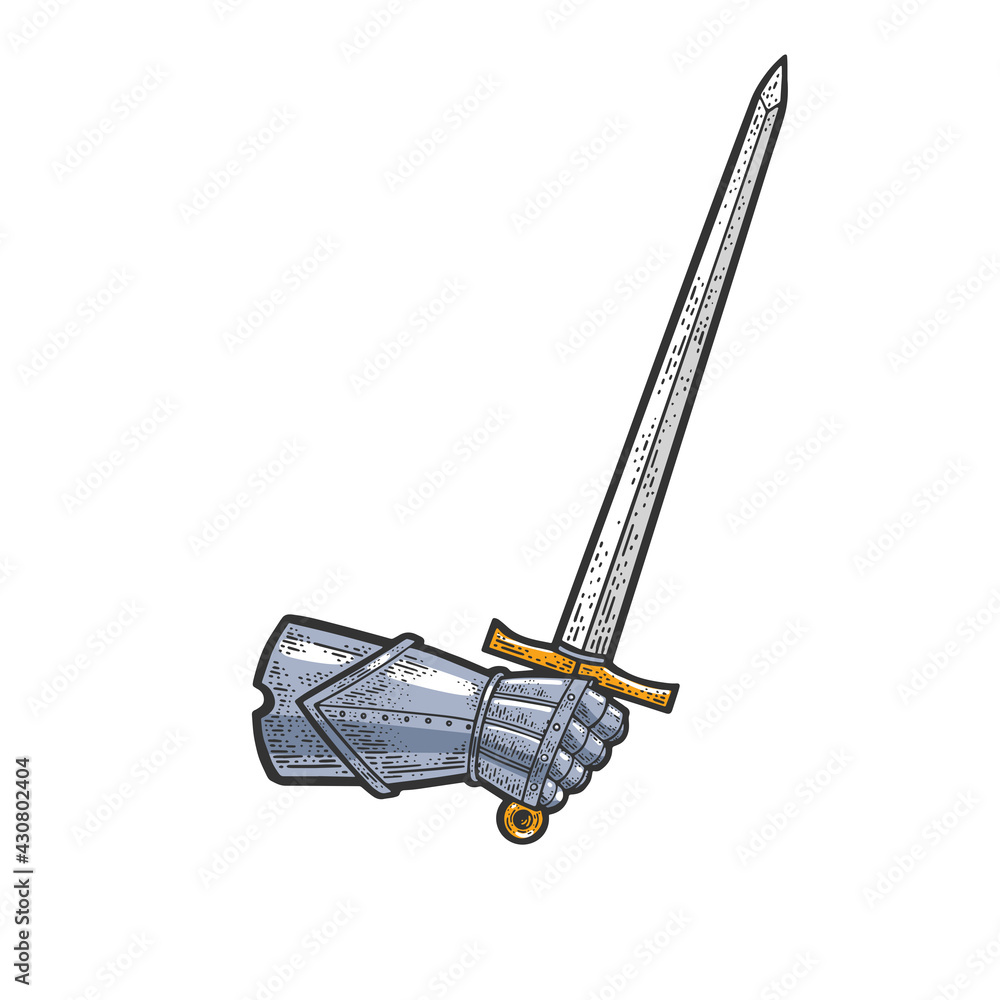 Vetor do Stock: sword in the hand of a knight color sketch engraving ...