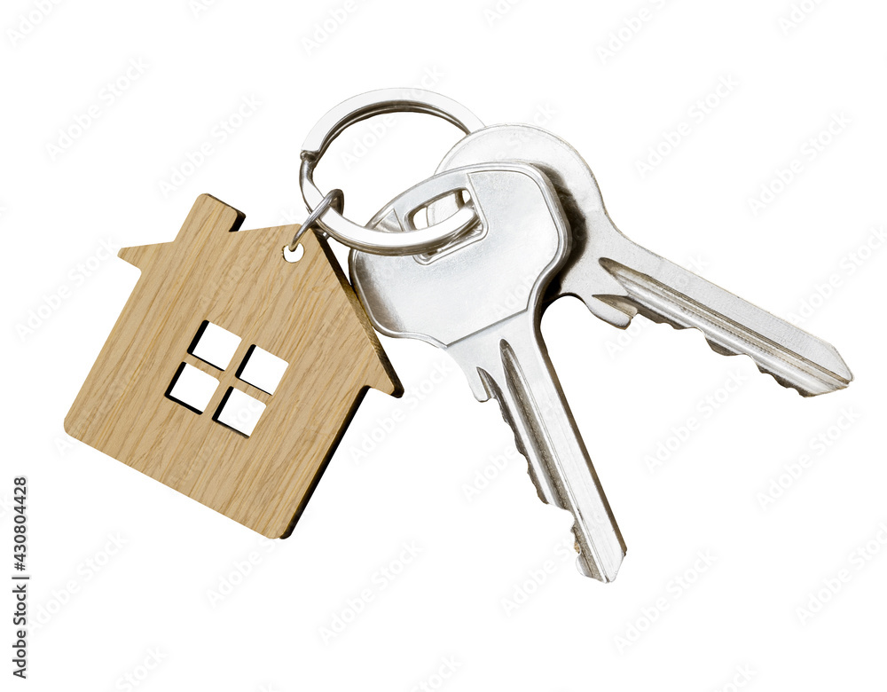House keys with house shaped keychain isolated on white background ...