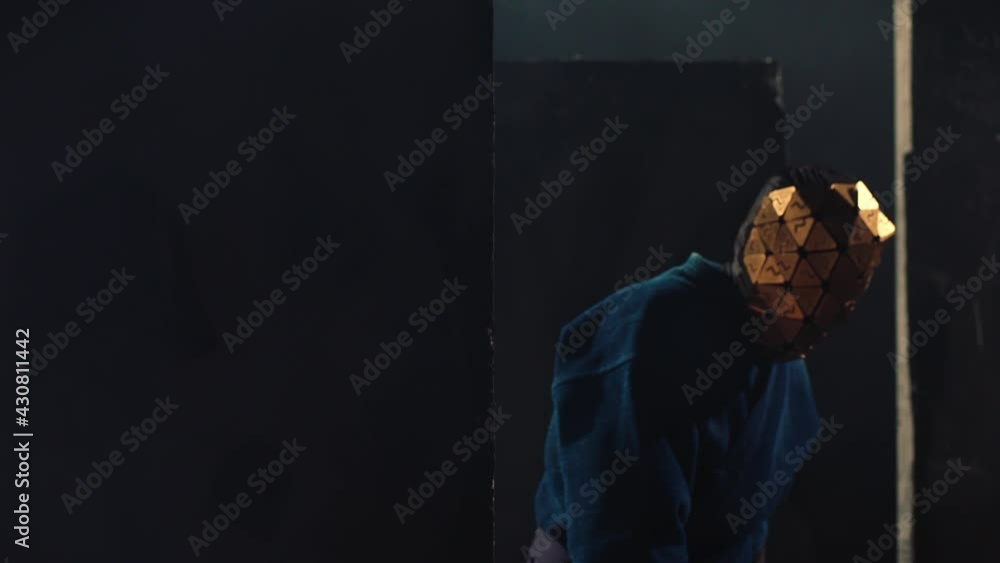 Mystic footage of metal masked man . Epic scene of people with triangle ...