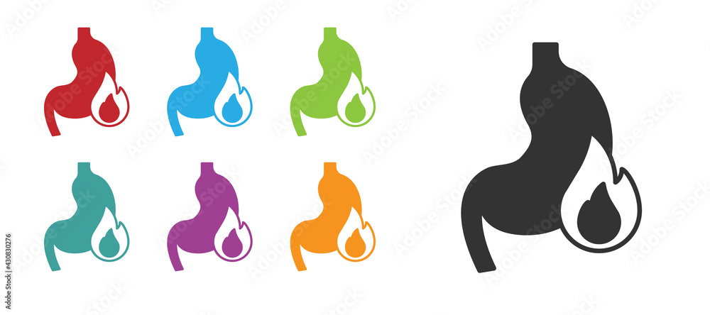 Black Stomach heartburn icon isolated on white background. Stomach burn ...