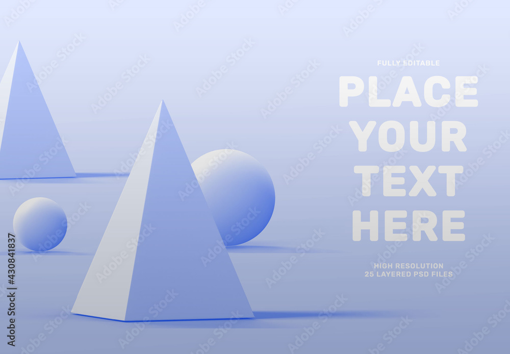 3D Light Blue Pyramids and Balls with Shadows in Gradient Blues Surface ...