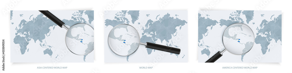 Blue Abstract World Maps with magnifying glass on map of Nicaragua with the national flag of ...