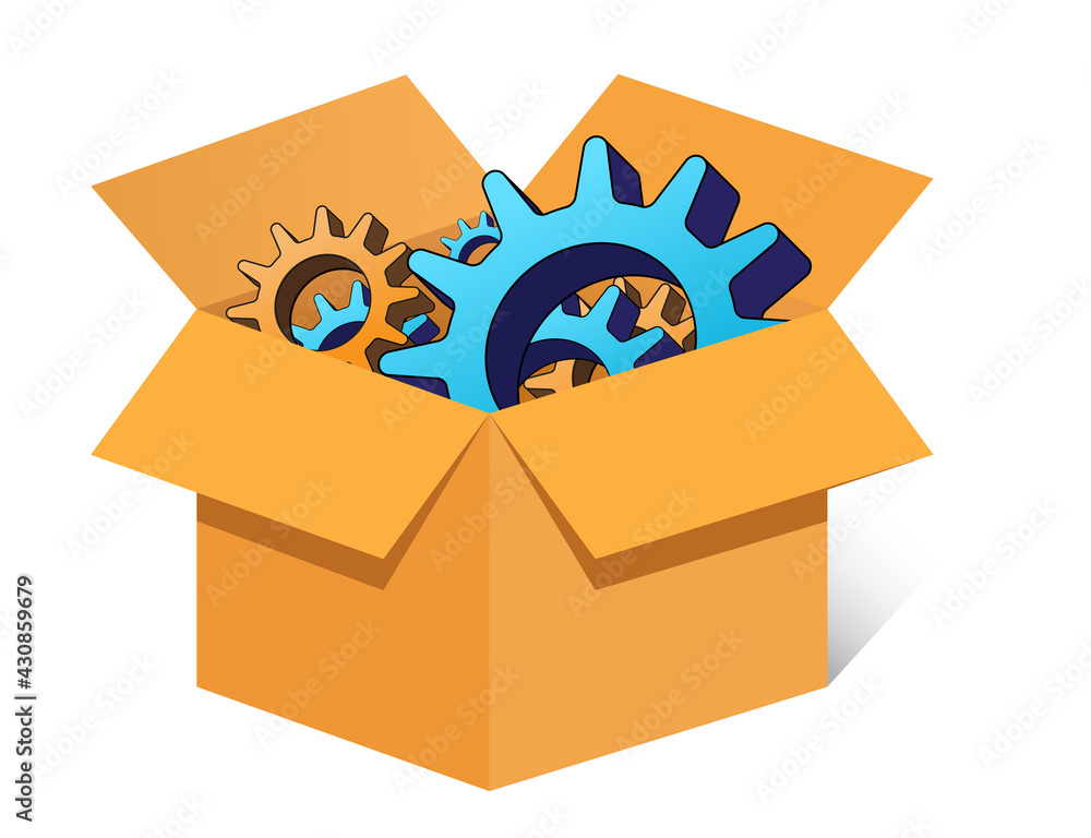 Colorful gears in open cardboard box vector design. Thinking outside ...