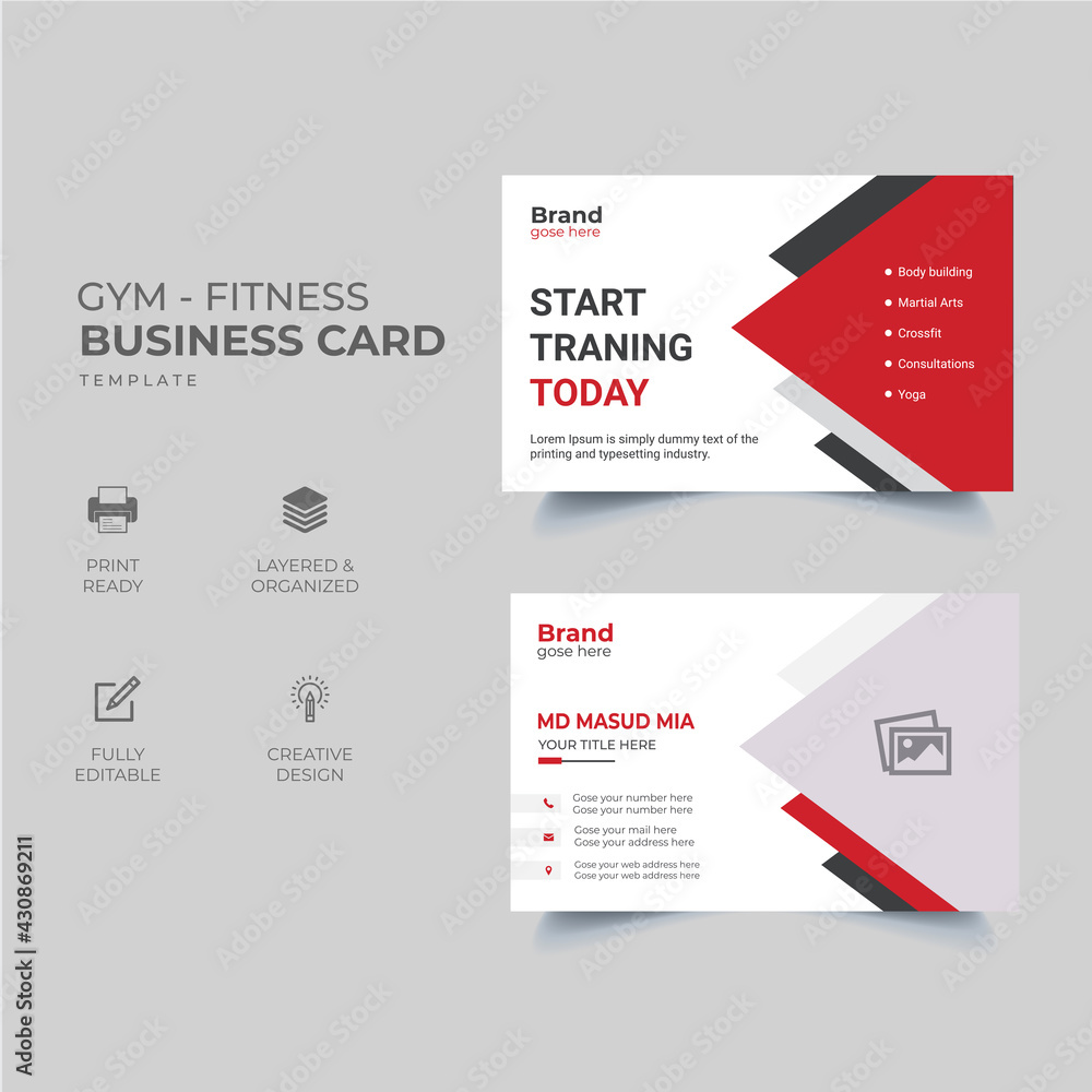 Fitness Company business card design. GYM Identity card template with ...