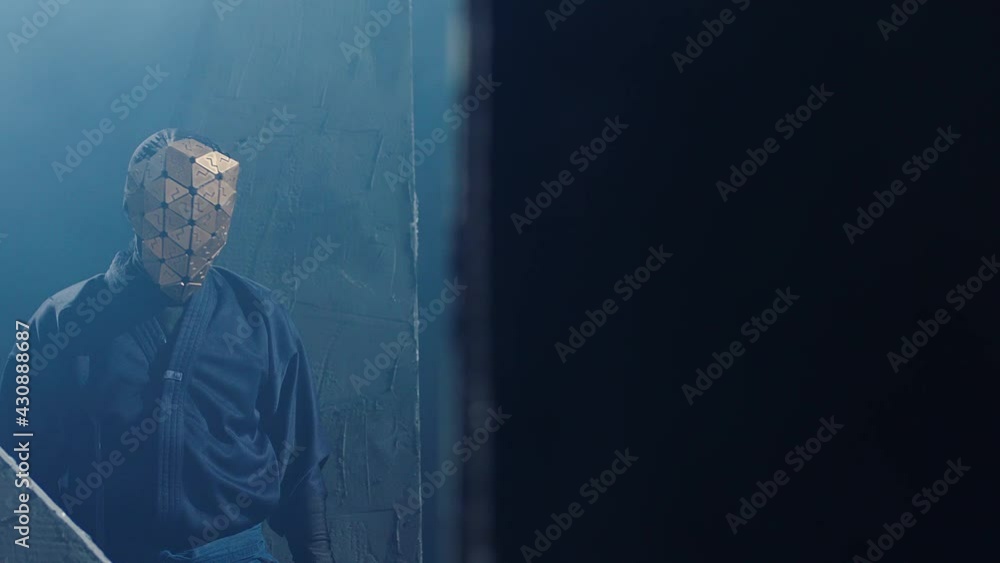 Mystic footage of metal masked man . Epic scene of people with triangle ...