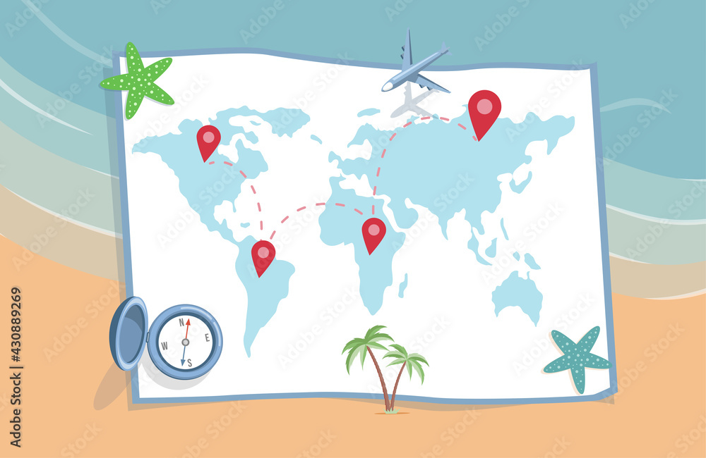 Planning summer vacation, journey vector flat illustration. World map ...